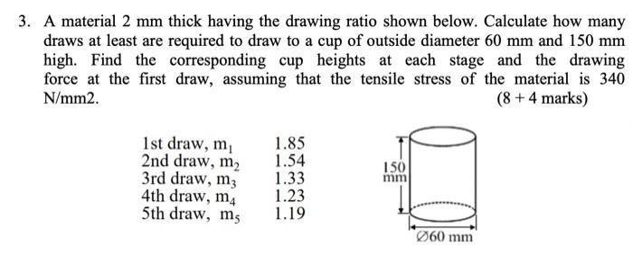 Solved 3. A material 2 mm thick having the drawing ratio | Chegg.com