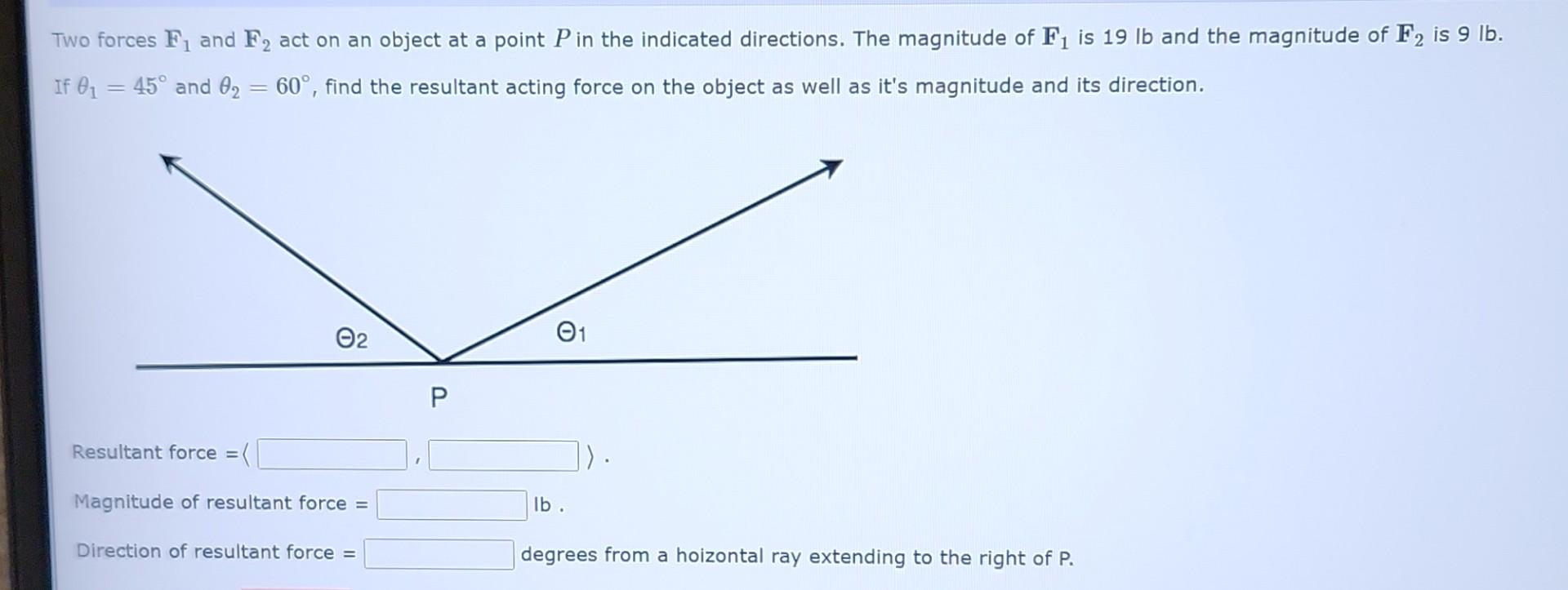Solved Two forces F1 and F2 act on an object at a point P in | Chegg.com