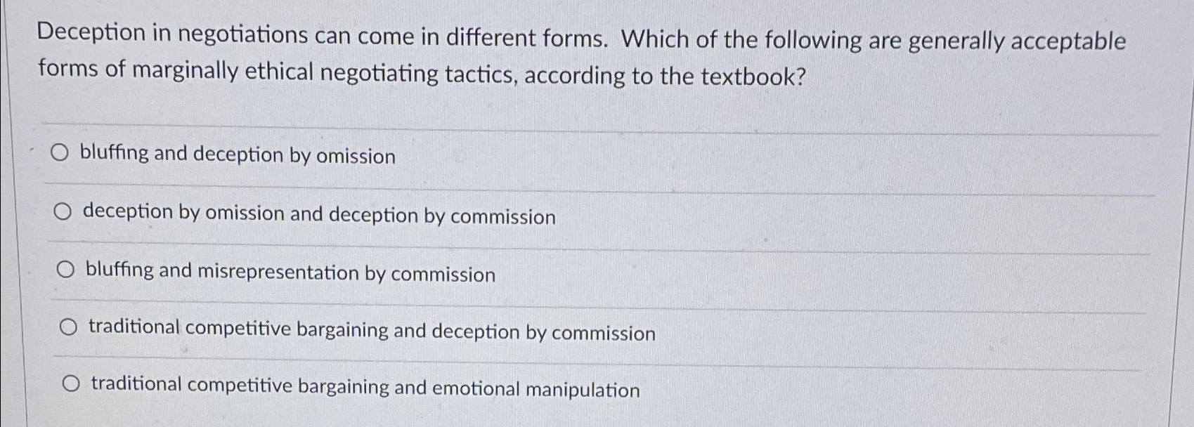 Solved Deception in negotiations can come in different | Chegg.com