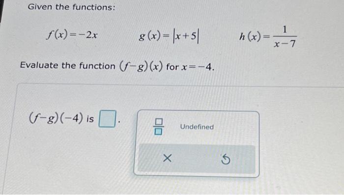 Solved Given the functions: f(x)=−2xg(x)=∣x+5∣h(x)=x−71 | Chegg.com