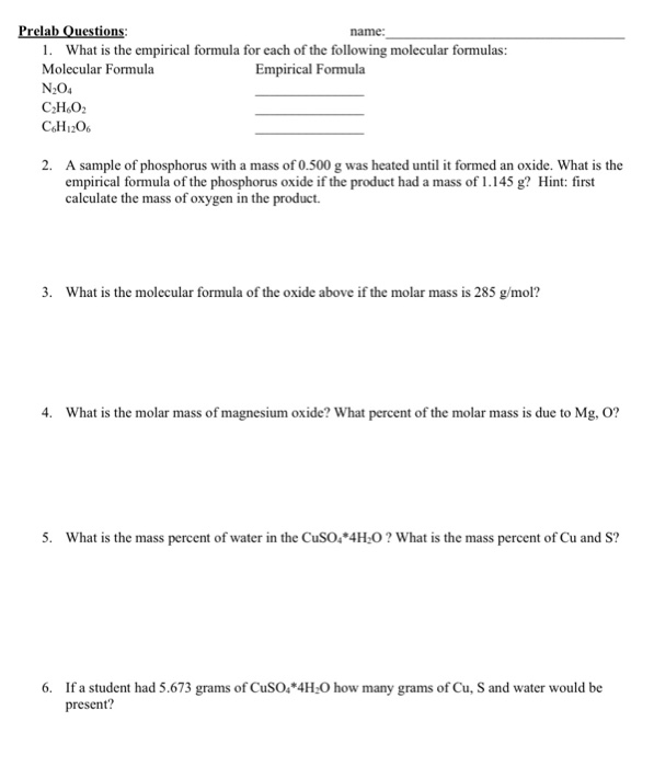 Solved name: Prelab Questions: 1. What is the empirical | Chegg.com
