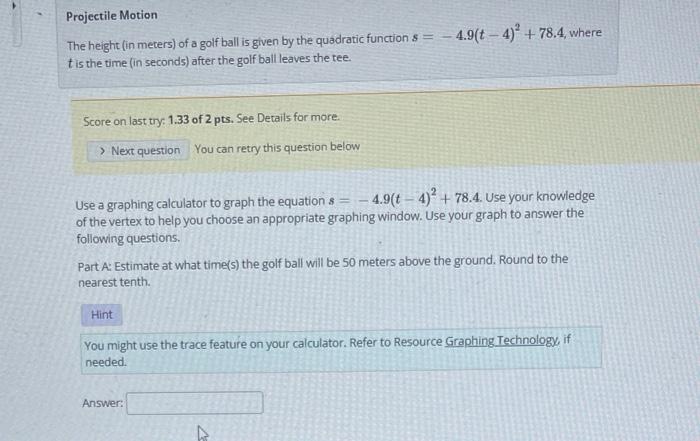 Solved Projectile Motion The height (in meters) of a golf | Chegg.com