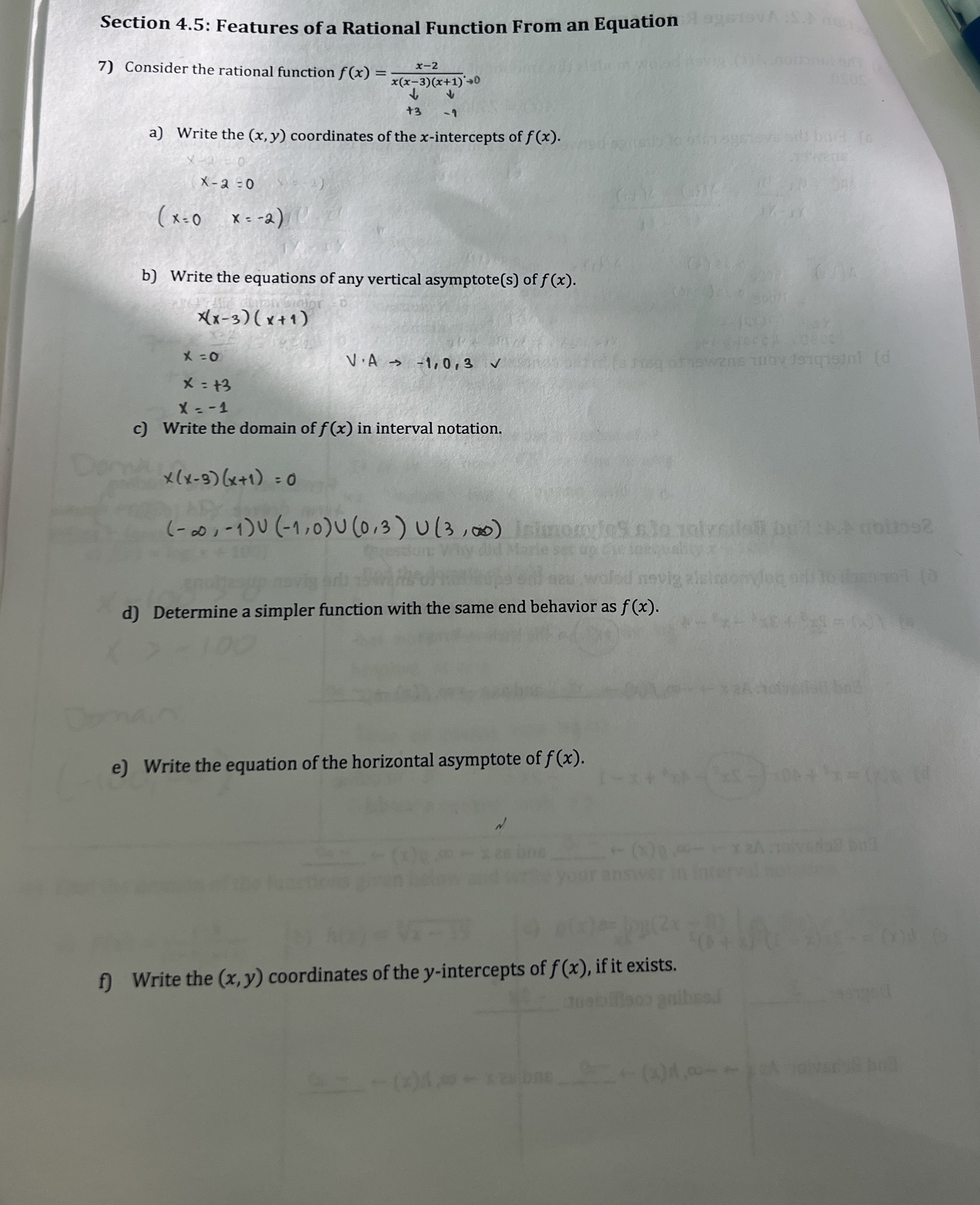 Solved Section 4.5: Features of a Rational Function From an | Chegg.com