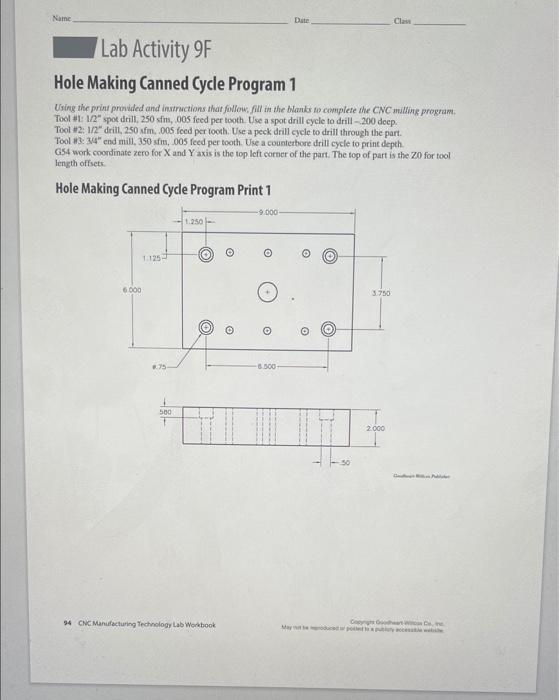 Solved Name Date Lab Activity 9F Hole Making Canned Cycle | Chegg.com