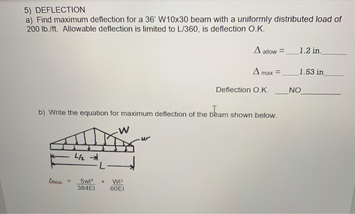 Solved 5) DEFLECTION a) Find maximum deflection for a 36' | Chegg.com