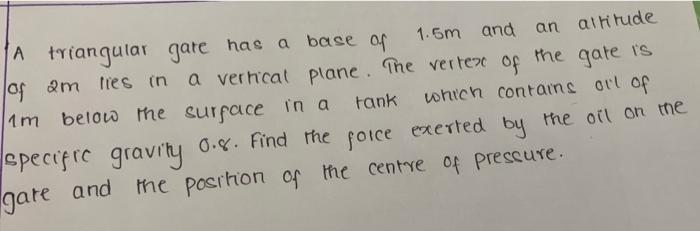 Solved 1^ triangular gate has a has a base of 1.5m and an | Chegg.com