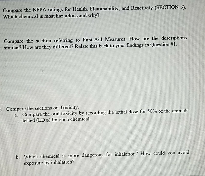 Solved Compare the NFPA ratings for Health Flammability, and | Chegg.com
