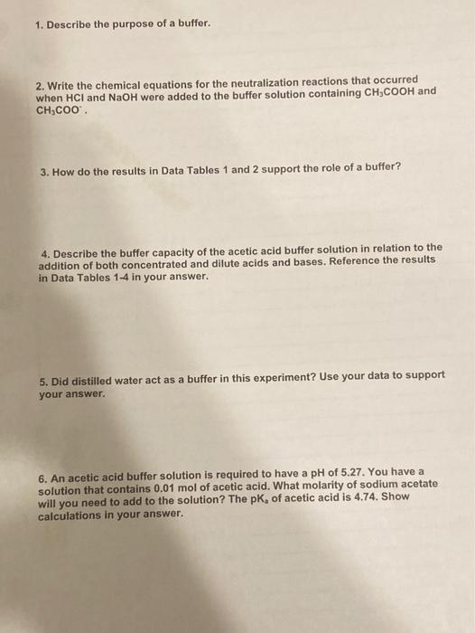 Solved Buffer Results Data Table 1: Adding 0.1 M HCl from D1 | Chegg.com