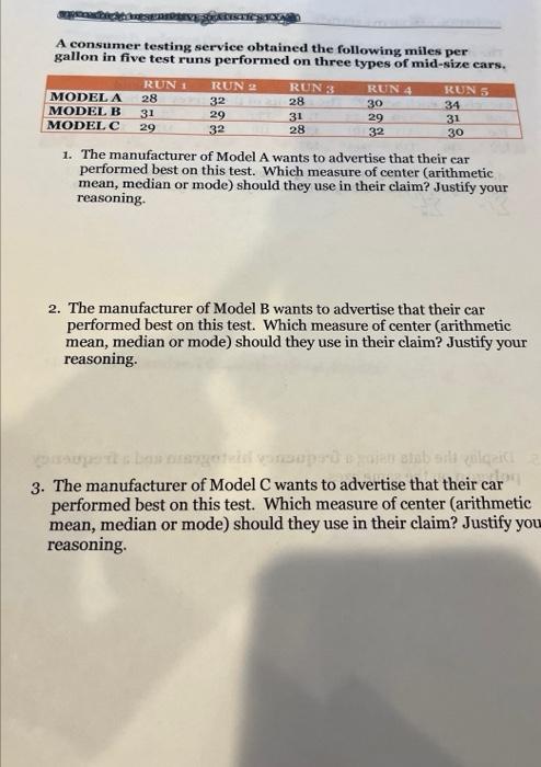 Solved A consumer testing service obtained the following | Chegg.com