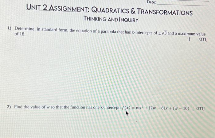 Solved UNIT 2 ASSIGNMENT: QUADRATICS \\& TRANSFORMATIONS | Chegg.com
