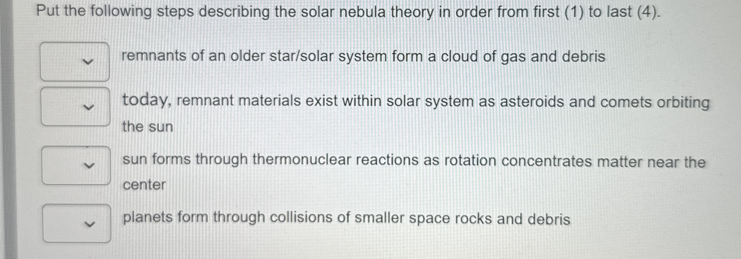 Solved Put the following steps describing the solar nebula | Chegg.com