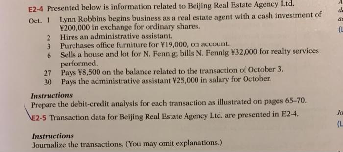 Solved E2-5 Transaction data for Beijing Real Estate Agency | Chegg.com