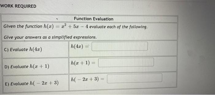 Solved WORK REQUIRED Function Evaluation Given the function | Chegg.com