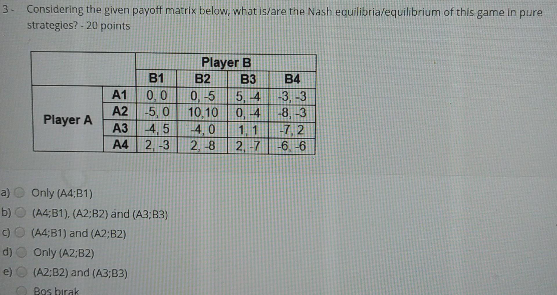 Solved 3- Considering the given payoff matrix below, what | Chegg.com