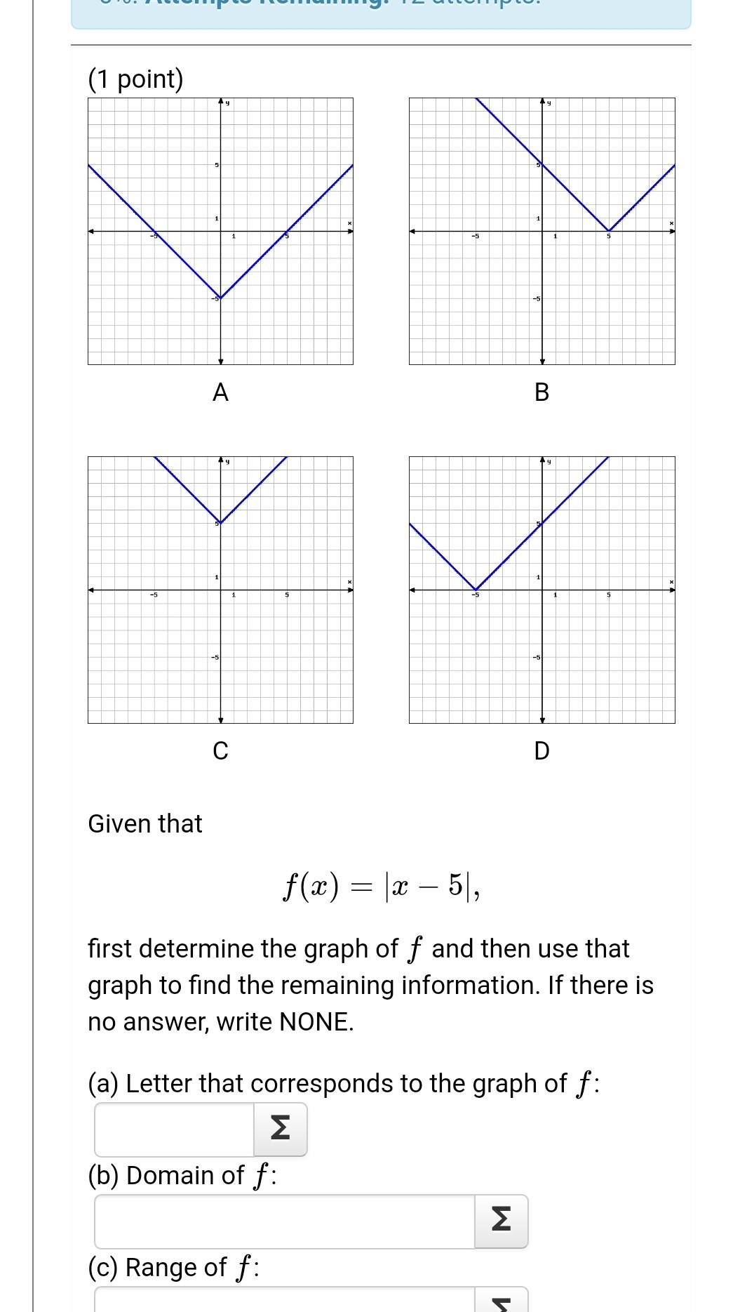 Solved (1 point) - y y -5 A B -5 5 -5 C D Given that f(x) = | Chegg.com