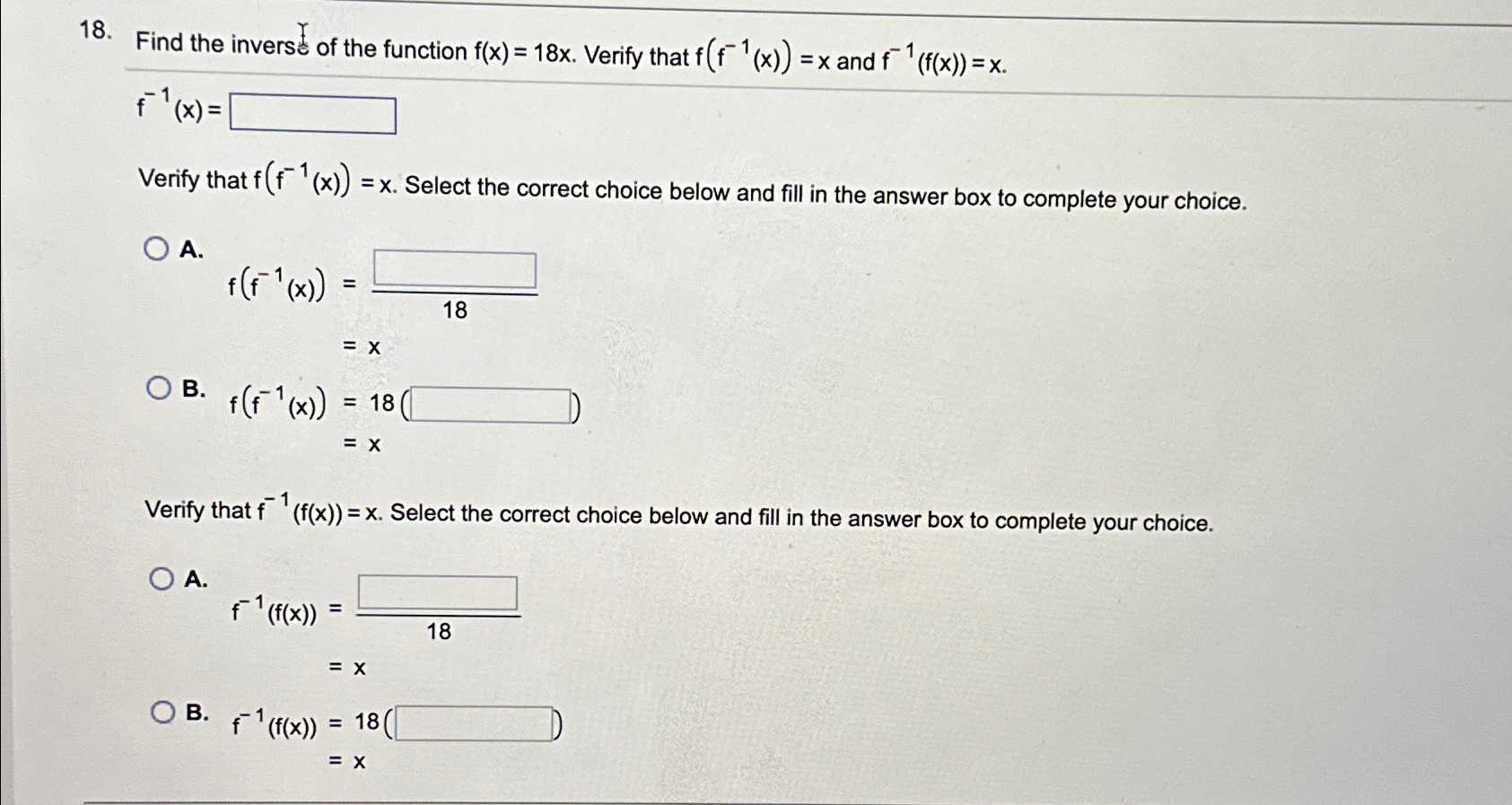 Solved Find the inverse of the function f(x)=18x. ﻿Verify | Chegg.com