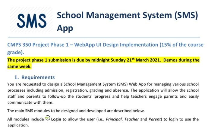 SMS School Management System (SMS) App CMPS 350 | Chegg.com