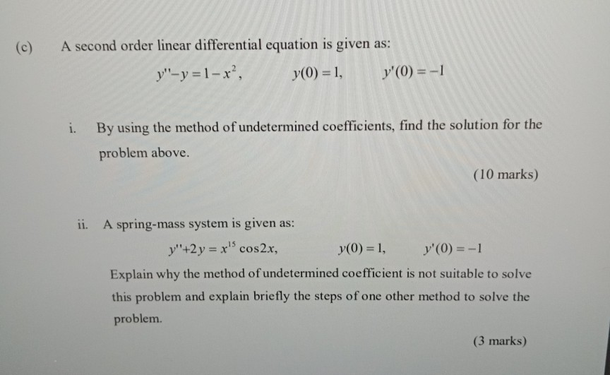 Solved ( c) A second order linear differential equation is | Chegg.com