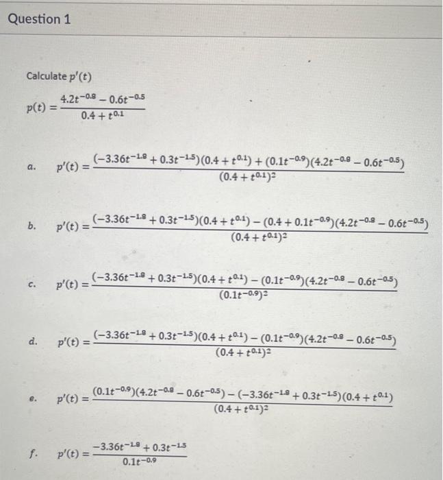 Solved Calculate p′(t) p(t)=0.4+t0.14.2t−0.8−0.6t−0.5 a. | Chegg.com