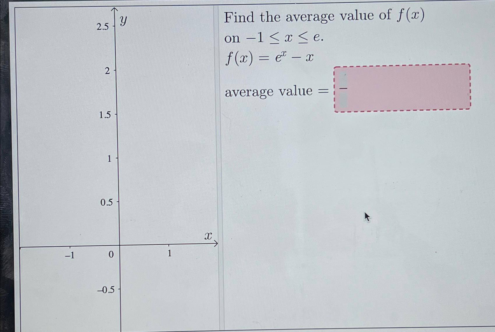 Solved Find the average value of f(x) ﻿on -1≤x≤ef(x)=ex-x | Chegg.com