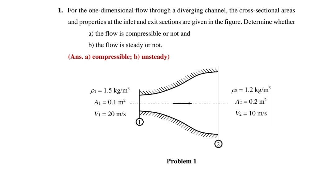 Solved 1. For the one-dimensional flow through a diverging | Chegg.com