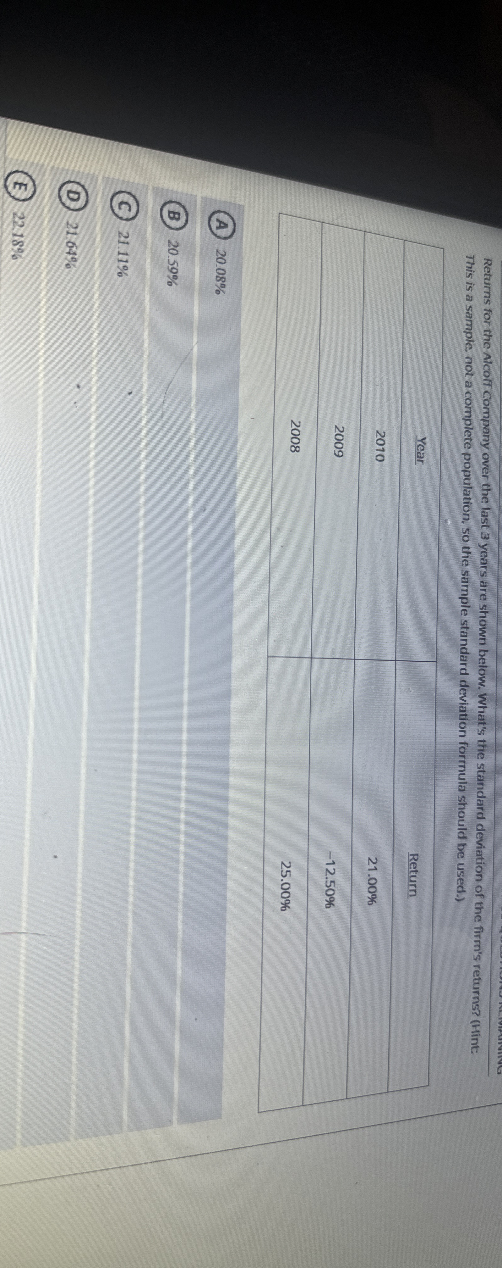 Solved Returns for the Alcoff Company over the last 3 ﻿years | Chegg.com