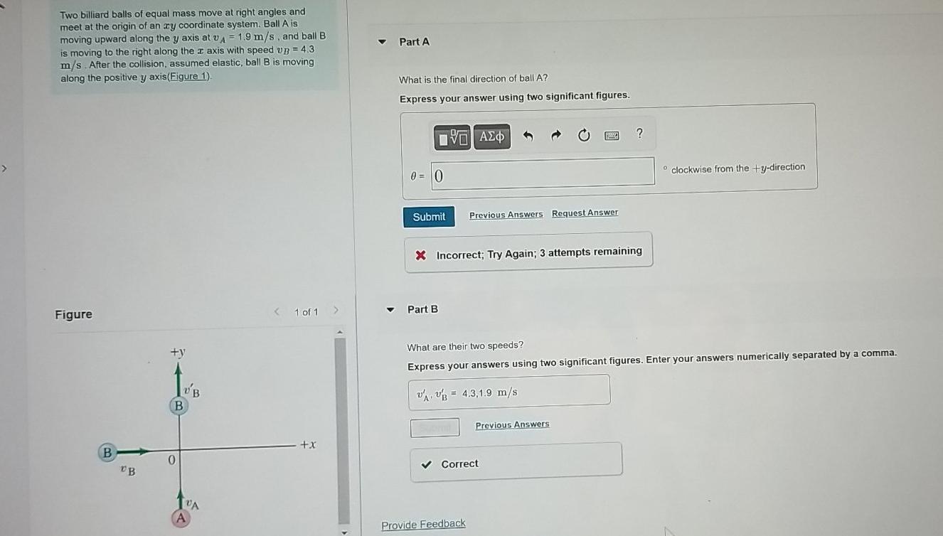 Solved Part A Two billiard balls of equal mass move at right | Chegg.com