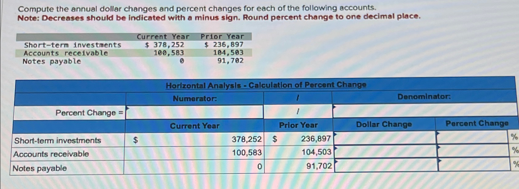 Solved Compute the annual dollar changes and percent changes | Chegg.com