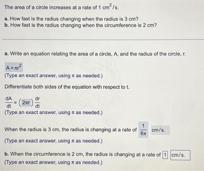 Solved The area of a circle increases at a rate of 1 cm2/s. | Chegg.com