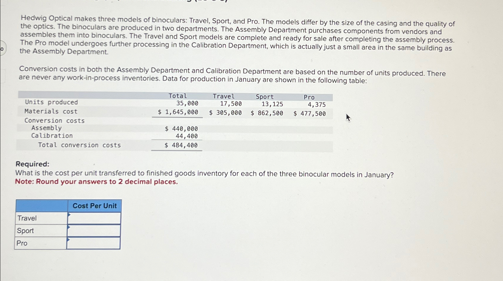 Solved Hedwig Optical makes three models of binoculars: | Chegg.com