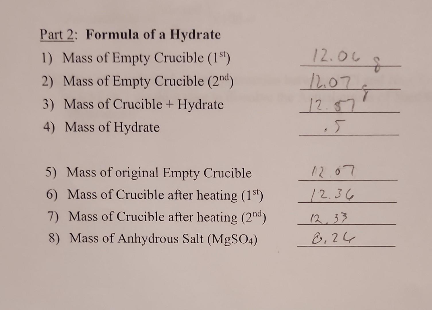 Solved Part 2: Formula of a Hydrate 1) Mass of Empty | Chegg.com