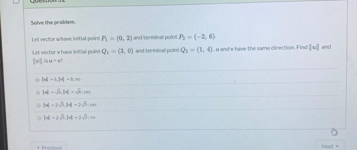 Solved Solve the problem. Let vector u have initial point P | Chegg.com