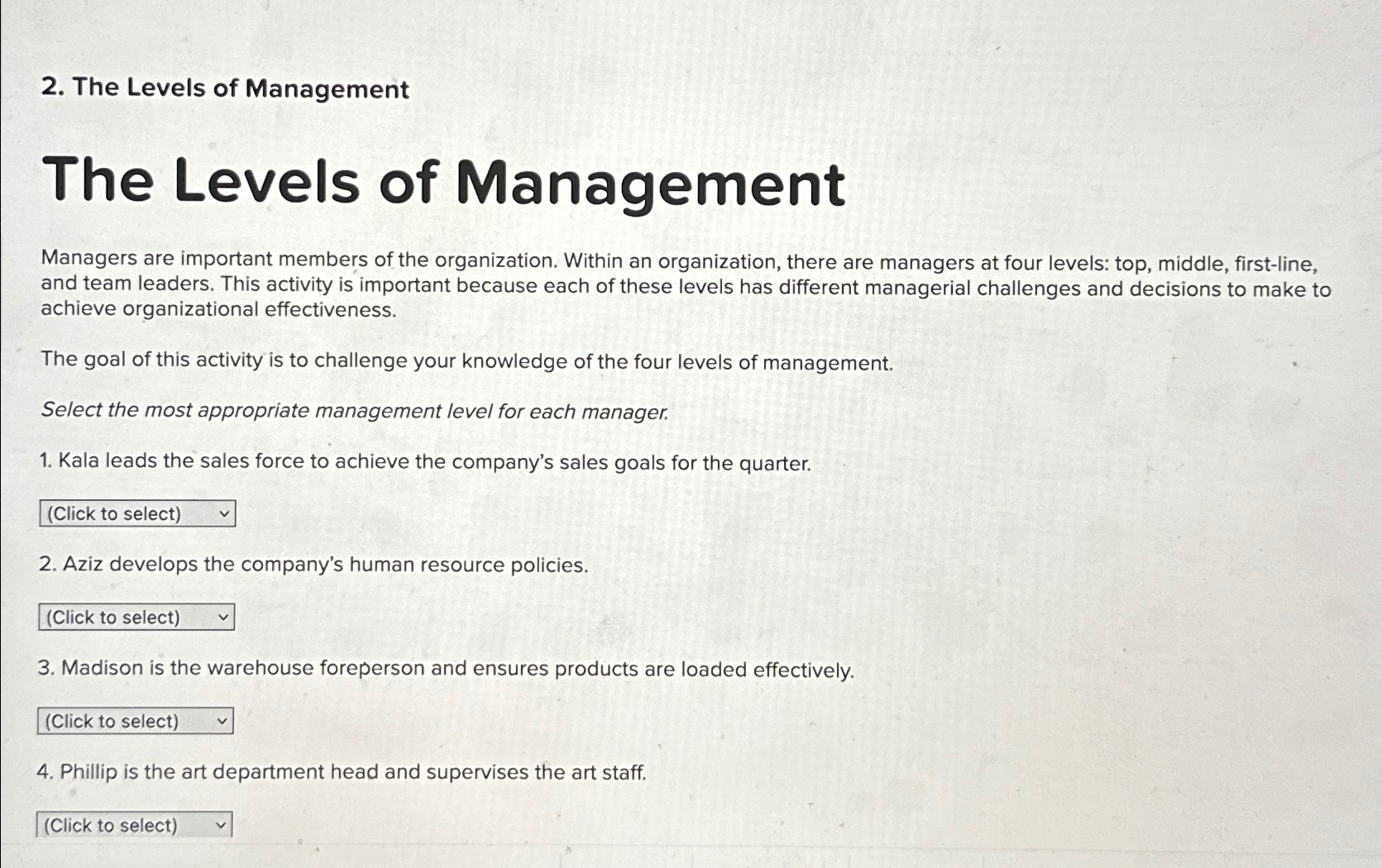 Solved The Levels of ManagementThe Levels of | Chegg.com