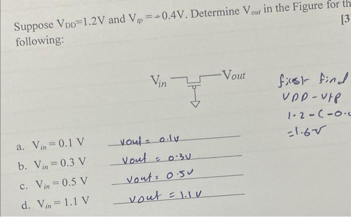 Suppose VDD=1.2 V and Vtp=⇒0.4 V. Determine Vout in | Chegg.com