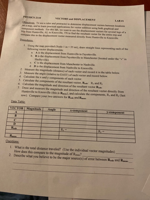 PHYSICS 2110 VECTORS and DISPLACEMENT LAB #1 | Chegg.com