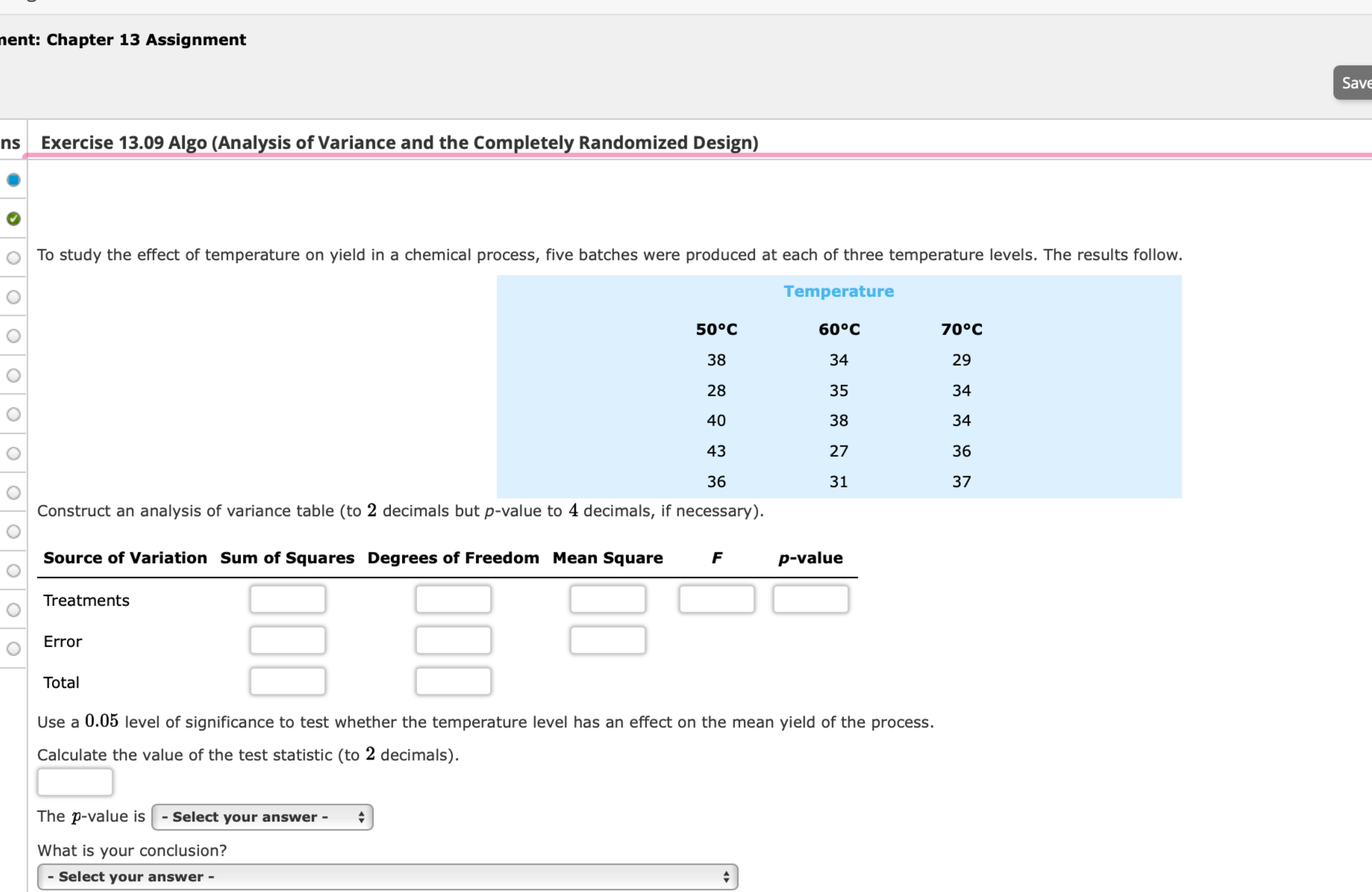 Solved Exercise 13.09 ﻿Algo (Analysis of Variance and the | Chegg.com