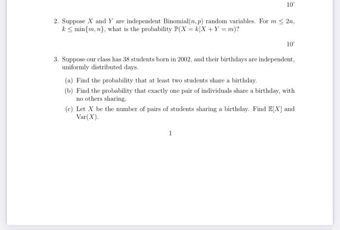 Solved 2. Suppose X and Y are independent Binomial(n,p) | Chegg.com