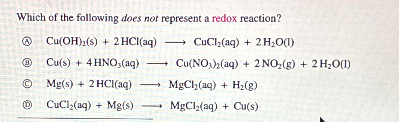 Solved Which of the following does not represent a redox | Chegg.com