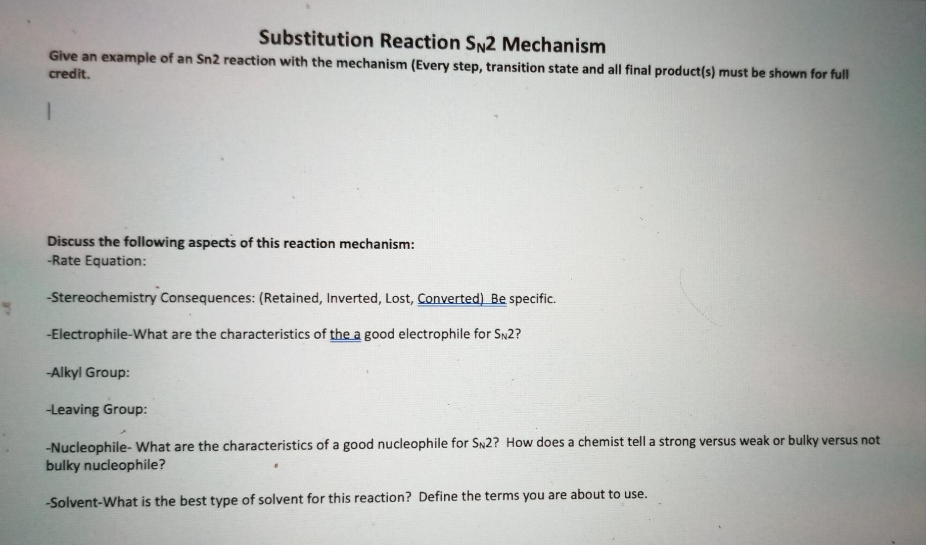 Solved Substitution Reaction SN2 Mechanism Give an example | Chegg.com