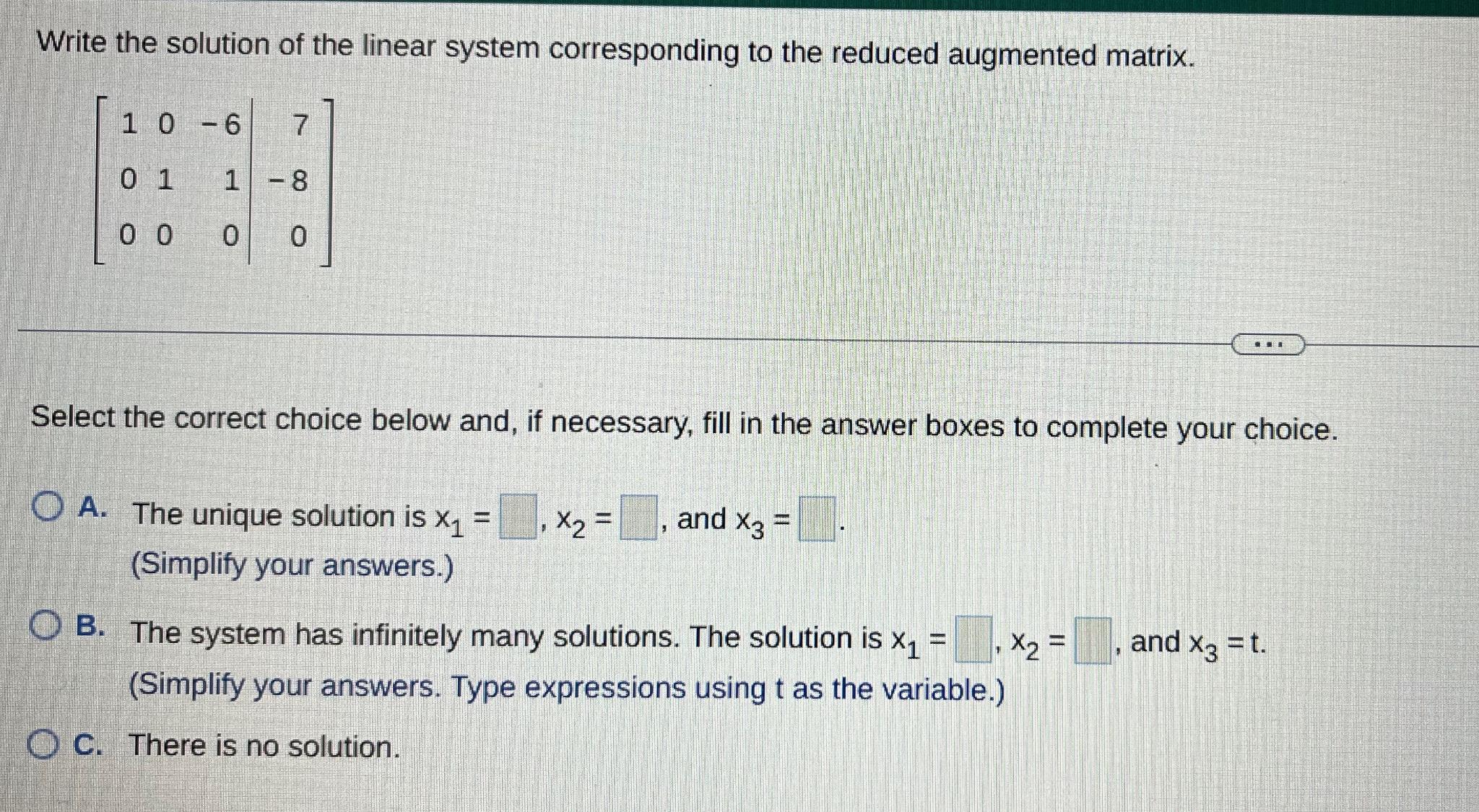 Solved Write the solution of the linear system corresponding | Chegg.com