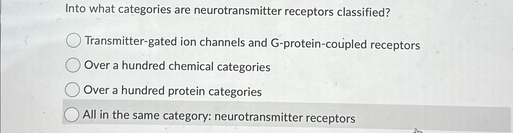 Solved Into what categories are neurotransmitter receptors | Chegg.com