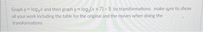 Solved Graph y=log3x and then graph y=log3(x+7)−3 by | Chegg.com