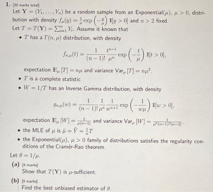 Solved 1. [20 marks total] Let Y=(Y1,…,Yn) be a random | Chegg.com