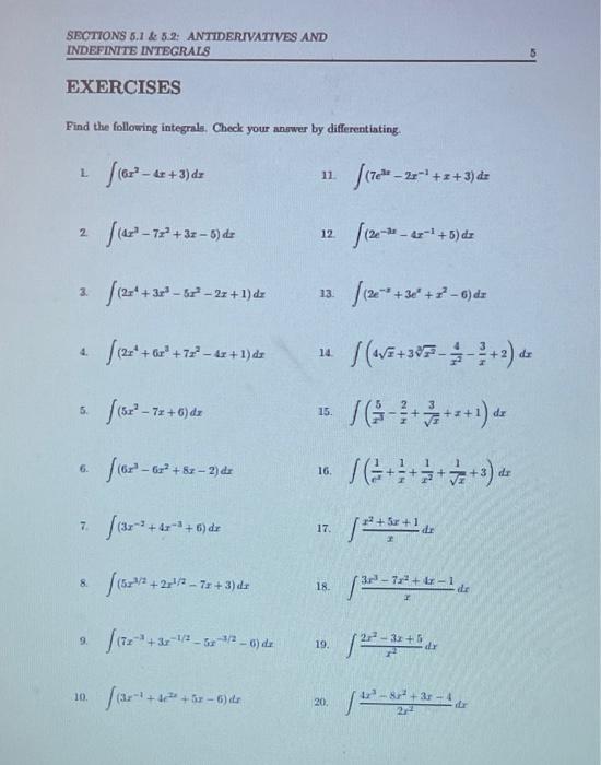 Solved SECTIONS 5.1 & 5.2: ANTIDERIVATIVES AND INDEFINITE | Chegg.com
