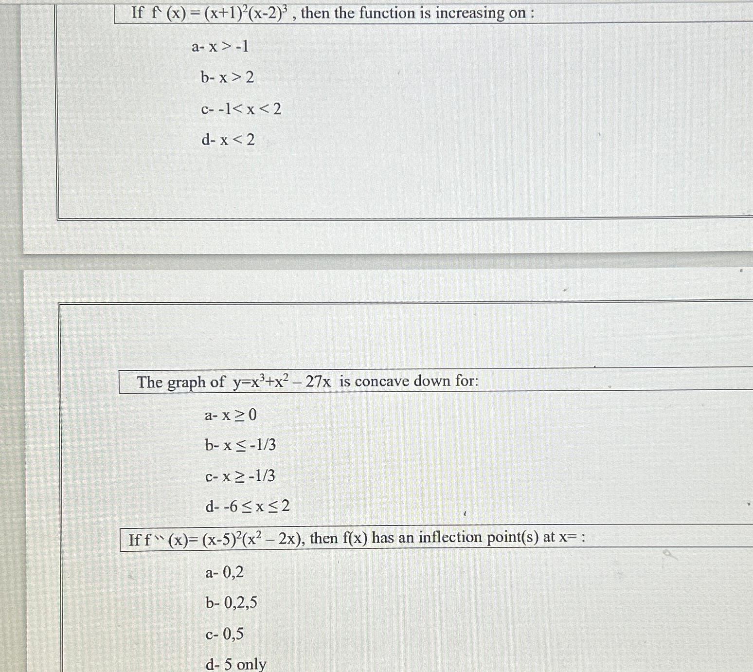 Solved If f'(x)=(x+1)2(x-2)3, ﻿then the function is | Chegg.com