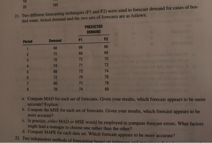 Solved 165 21. Two different forecasting techniques (FI and | Chegg.com