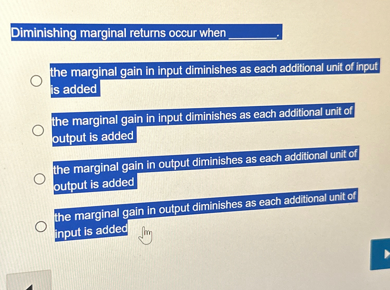 Diminishing marginal returns occur when q, .the | Chegg.com