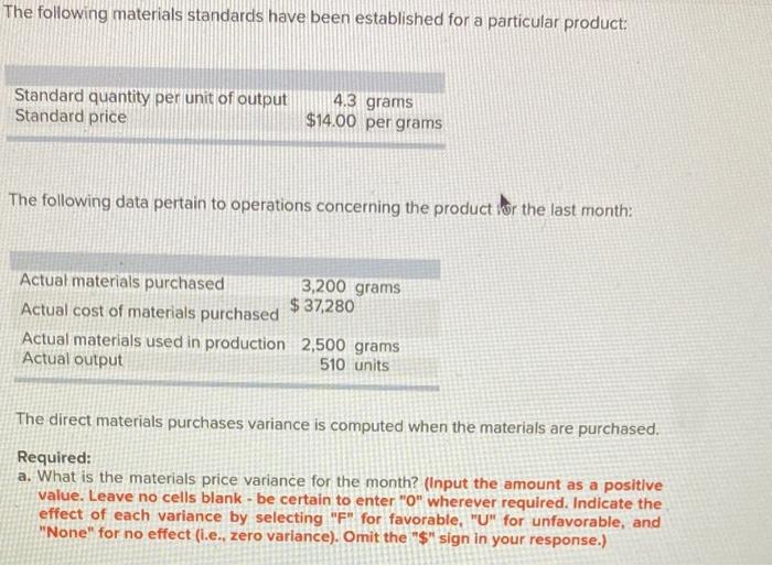 Solved The following materials standards have been | Chegg.com