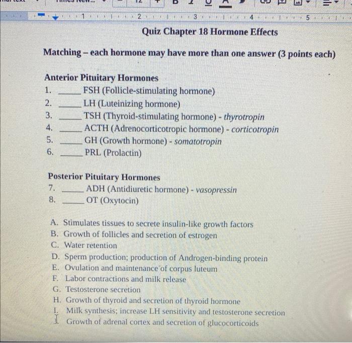 Solved Quiz Chapter 18 Hormone Effects Matching - each | Chegg.com