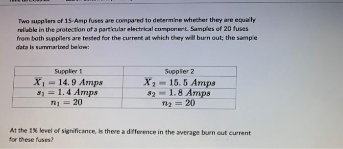 Solved Two suppliers of 15-Amp fuses are compared to | Chegg.com